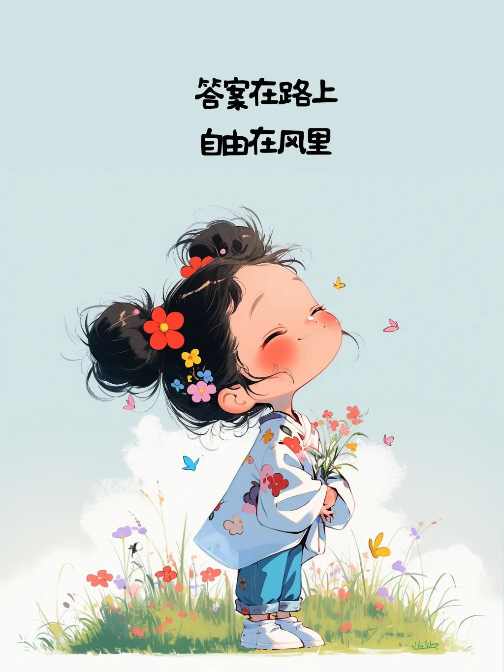 答案在路上自由在风里 小女孩 文案 治愈 Ai玩表情|51052.com